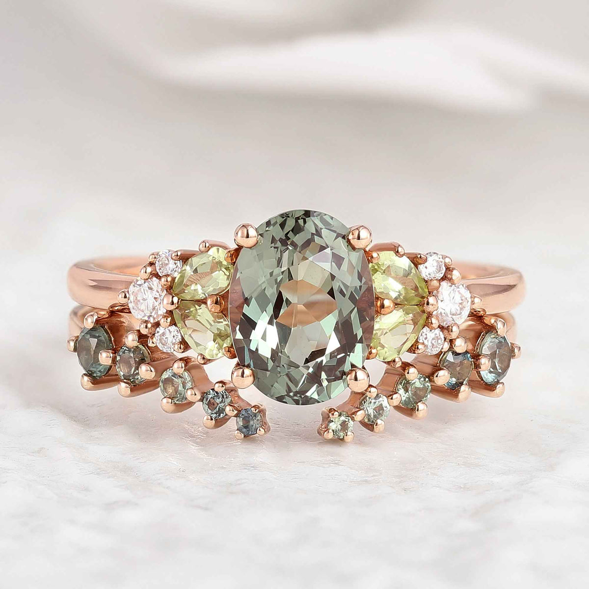 Vintage Oval Olive Green Sapphire Engagement Ring 2pcs – Lahela Jewelry
