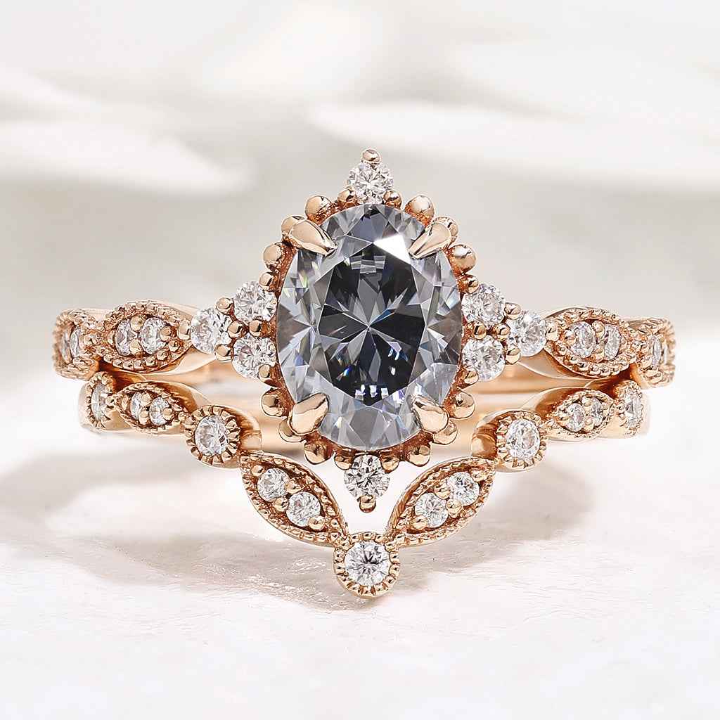 Oval Black Moissanite Engagement Ring Set Chevron Moissanite Wedding B ...