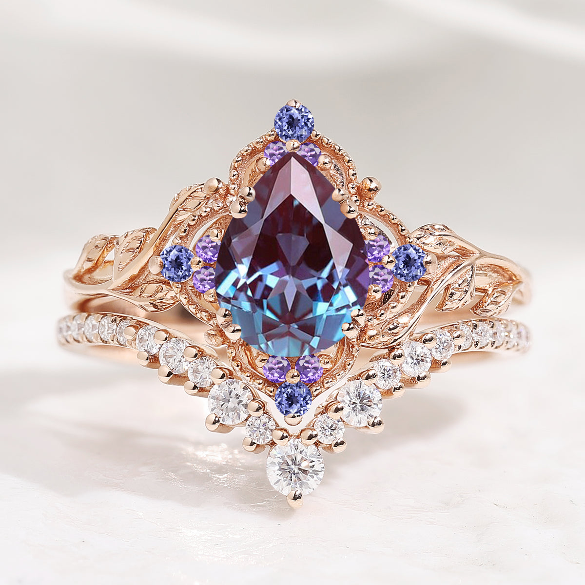 Nature Inspired Leaf Alexandrite Engagement Ring Set 2pcs – Lahela Jewelry